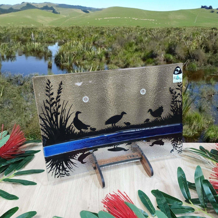 NZ Made Glass Platter/Plate - Reflections Pukeko - Blue w/stand – Form ...